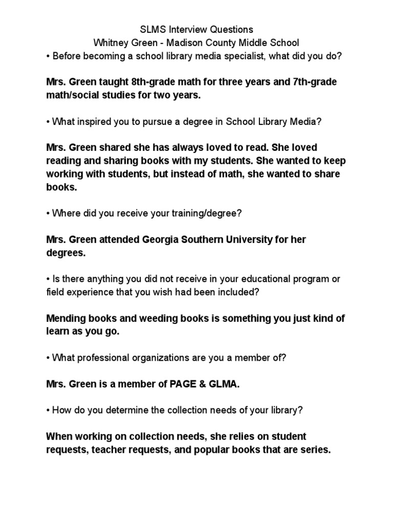 Whitney Green - Slms Interview Questions | PDF | Libraries | School Library