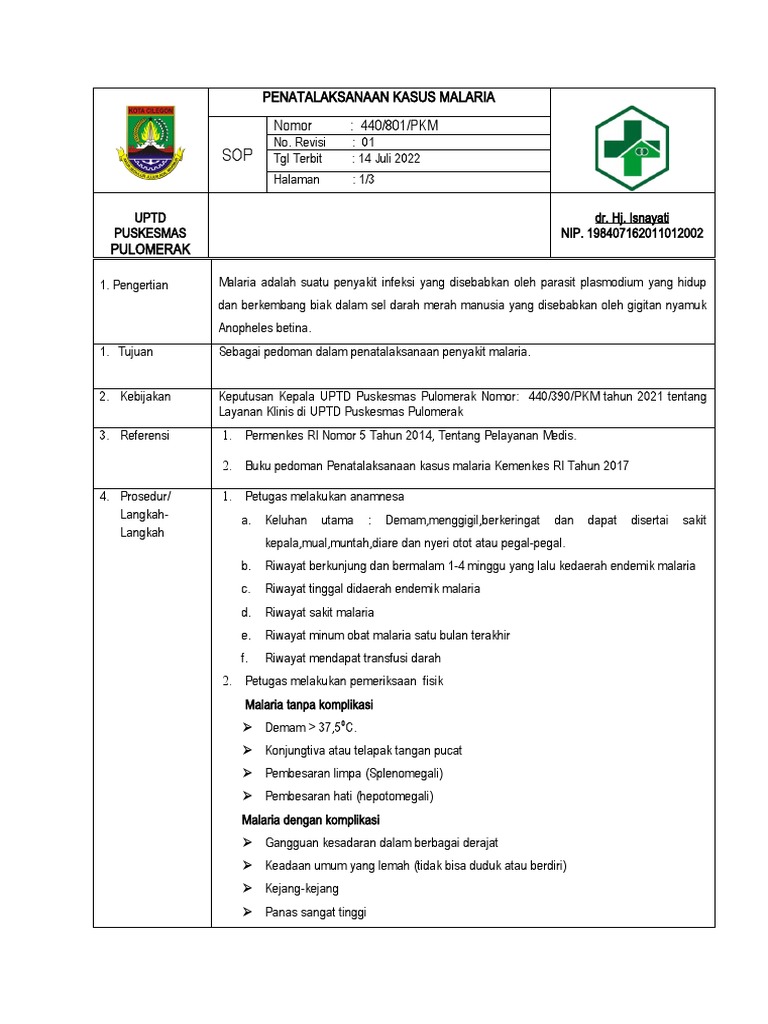 Sop Tatalaksana Kasus Malaria 2020 | PDF