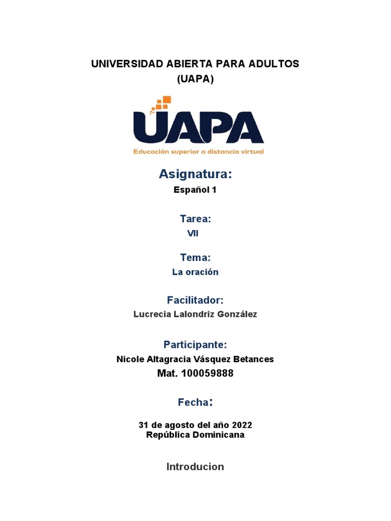 Tarea 7 Español 1 | PDF | Oración (Lingüística) | Predicado (Gramática)