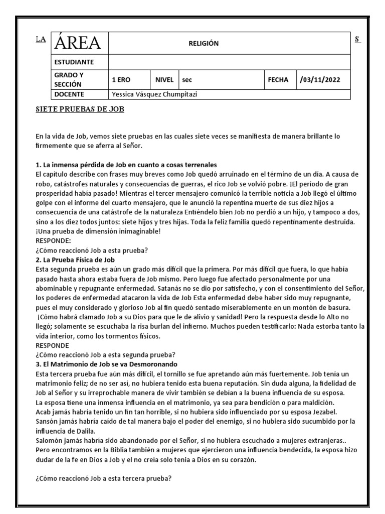 LAS PRUEBAS DE JOB 1 ERO SEC PDF Libro De Trabajo