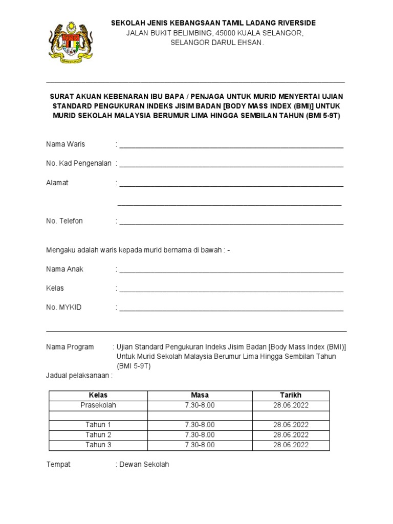 Contoh SURAT KEBENARAN IBU BAPA BMI 5-9T | PDF