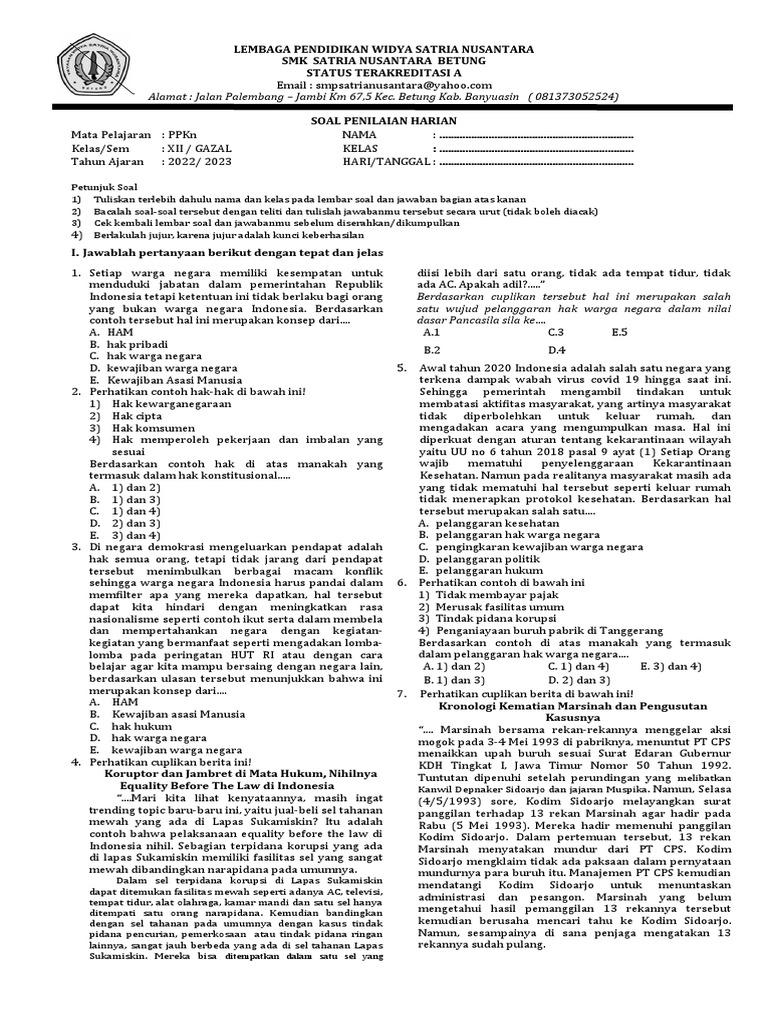 SOAL PTS PPKN 12 TBSM, TKR, KES | PDF