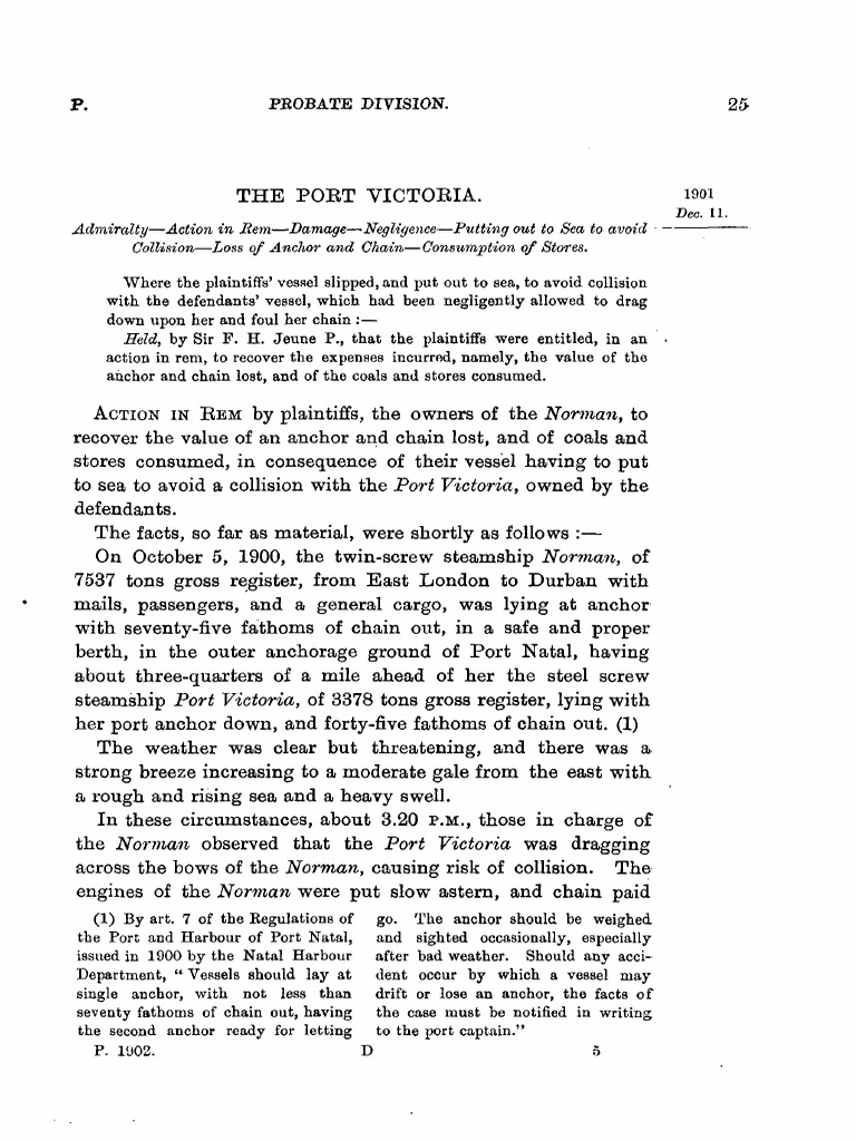 The Port Victoria (1902) P.25 Probate Division | PDF | Anchor | Negligence