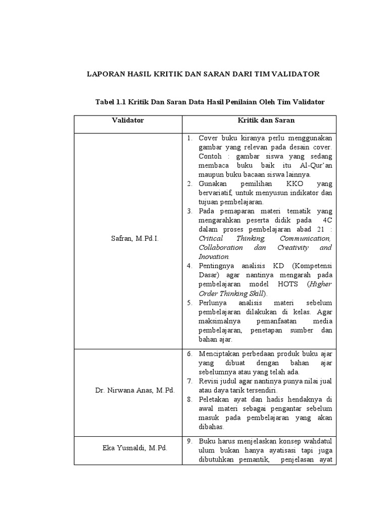 Laporan Hasil Kritik Dan Saran Dari Tim Validator | PDF
