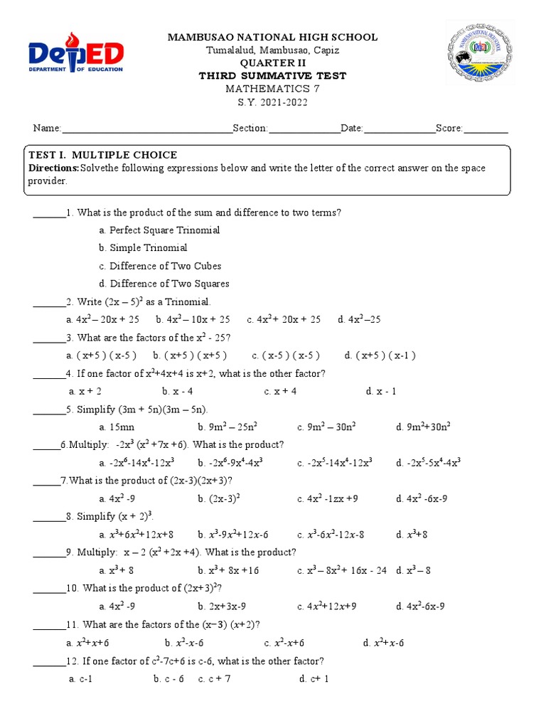 Q2 - Third Summative Test | PDF | Summation | Algebra