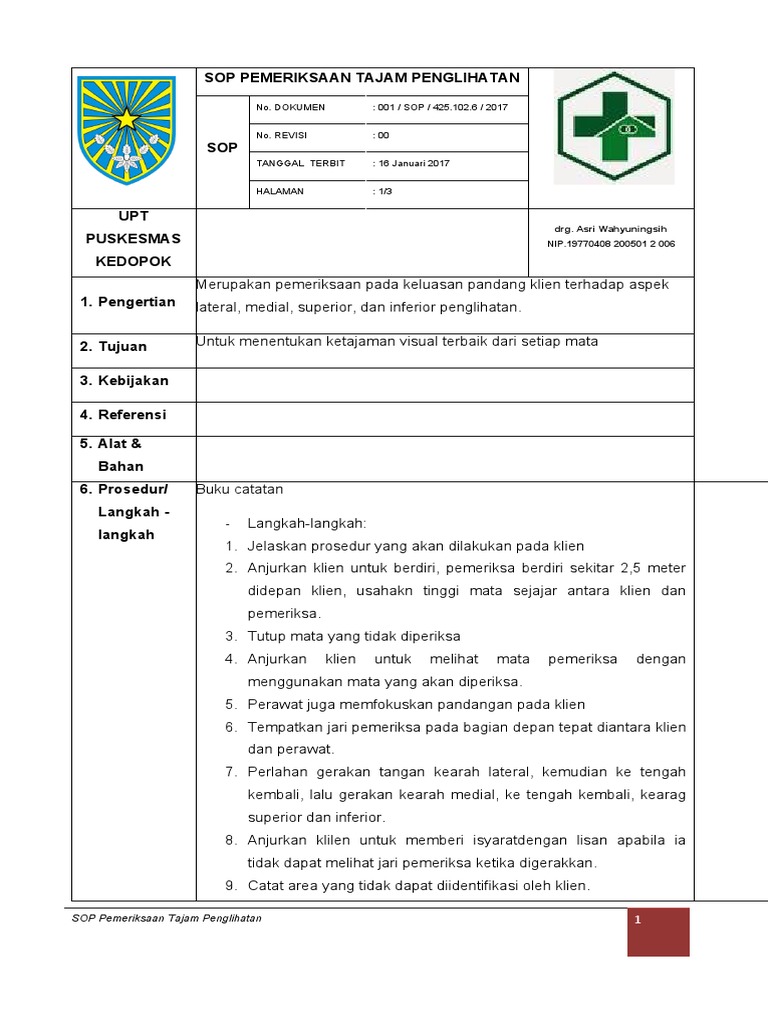 Sop Pemeriksaan Tajam Penglihatan | PDF