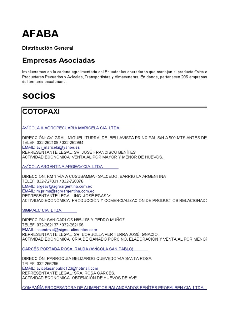 AFABA - Asociación Ecuatoriana de Alimentos Balanceados (Socios) | PDF ...