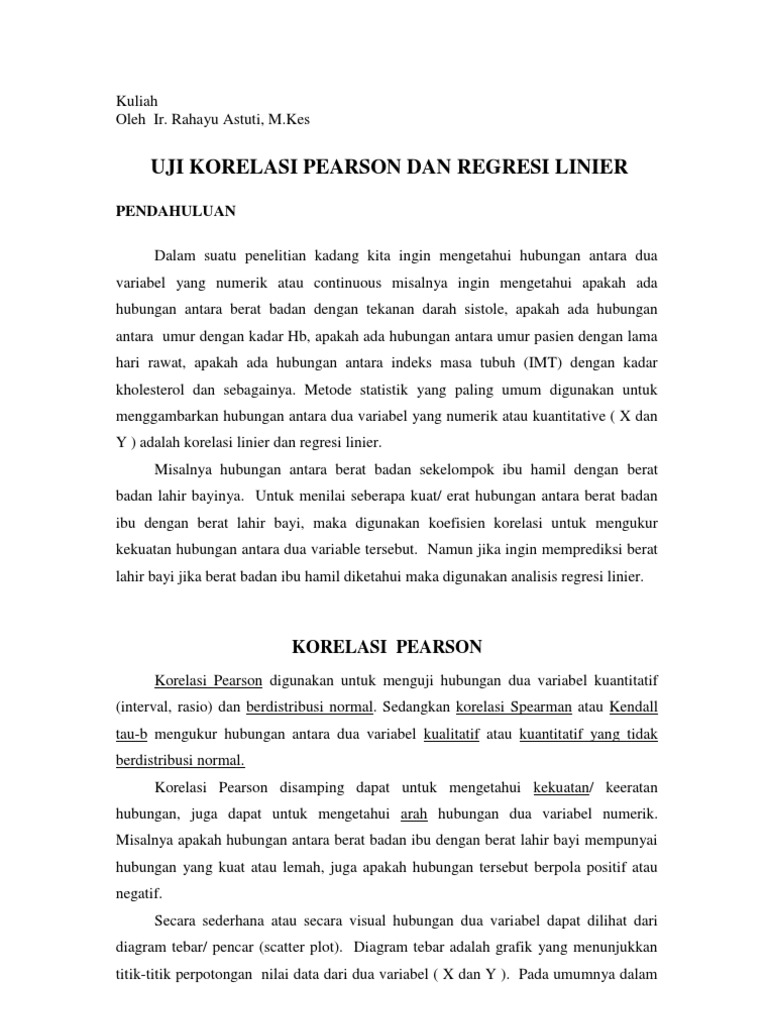 Uji Korelasi Pearson dan Regresi Linier | PDF | Metode & Bahan Ajar