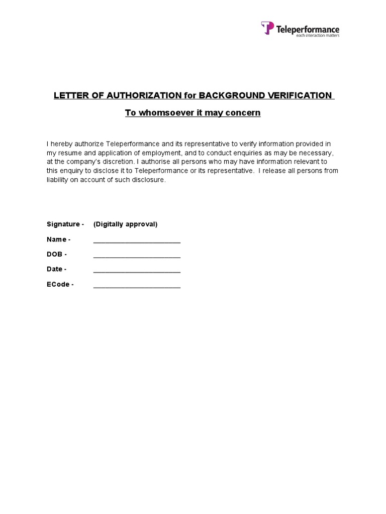 Employment Verification Authorization Letter | PDF | Law
