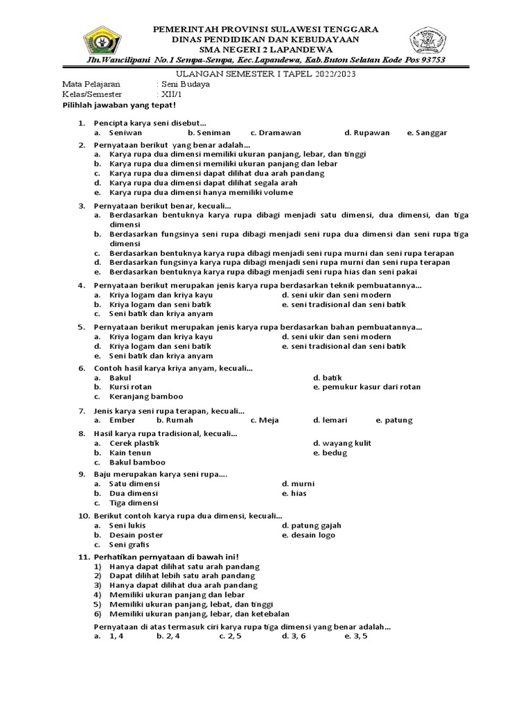 S.budaya Kls XII Sem 1 TA 2022-2023 | PDF | Seni
