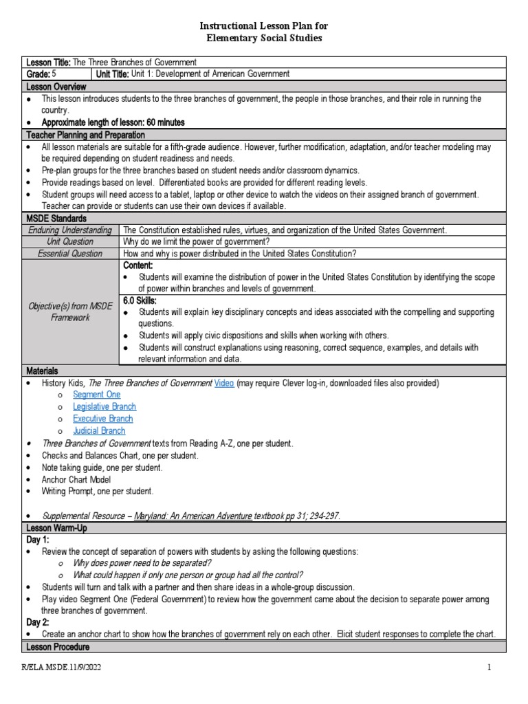 5th Grade Gov't Branches Lesson | PDF | Separation Of Powers | Teachers