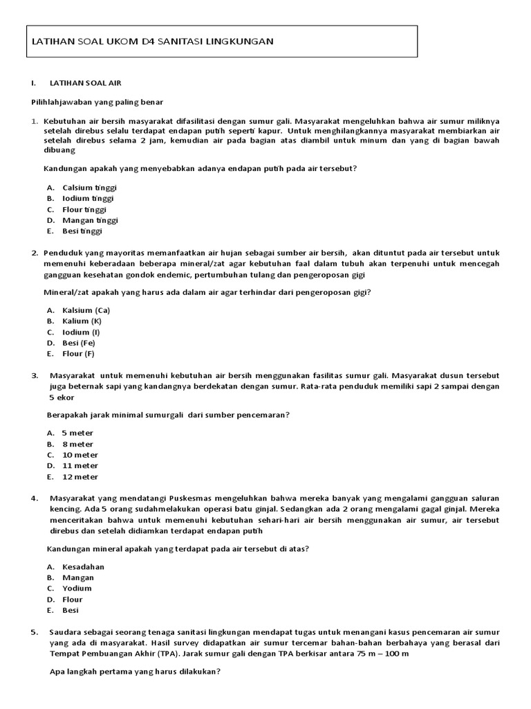 Latihan Soal Ukom D4 Sanitasi Lingkungan 2021 TJ | PDF