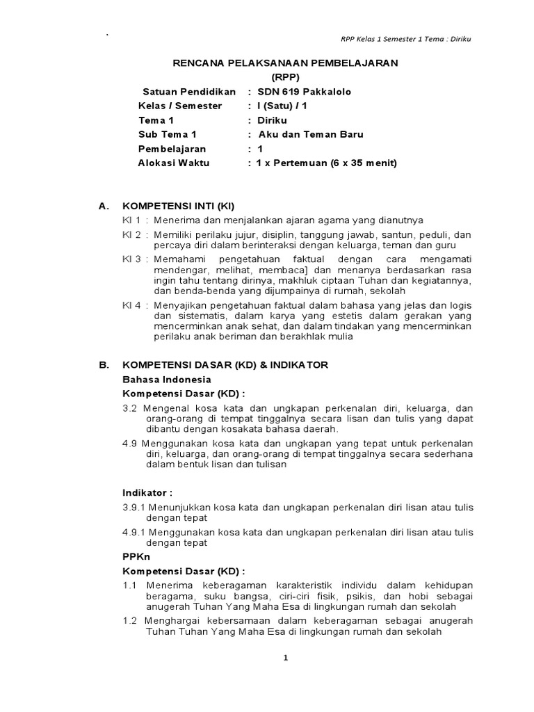 RPP SD Kelas 1 Tema 1 | PDF
