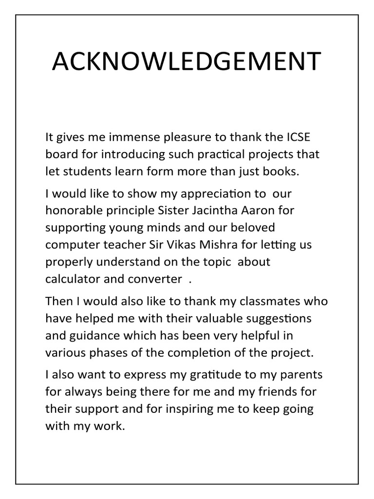 Icse Project Acknowledgement Template Pdf