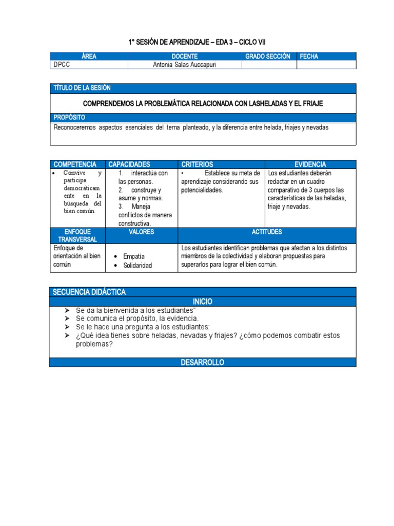 1° Sesión de Aprendizaje - Exp 3 Ciclo Vii - DPCC | PDF | Evaluación | Sicología