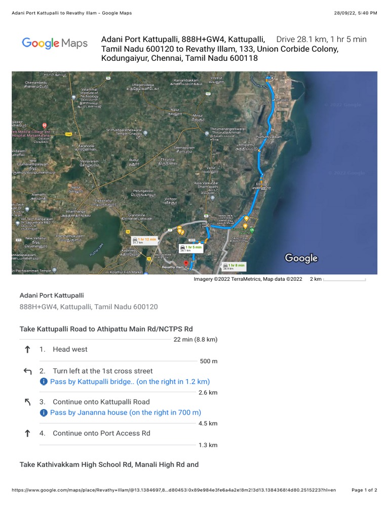 Adani Port Kattupalli To Revathy Illam - Google Map | PDF