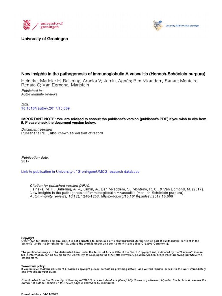 New Insights in The Pathogenesis of Immunoglobulin A Vasculitis | PDF | Immune System | Medical ...