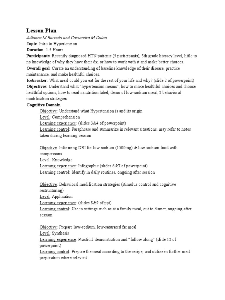 HTN Lesson Plan Final | PDF | Foods | Over The Counter Drug