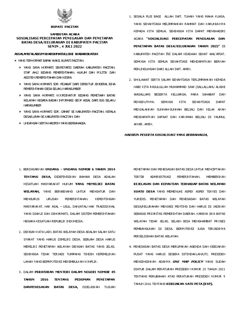 Pointers Sambutan Bupati Batas Desa | PDF