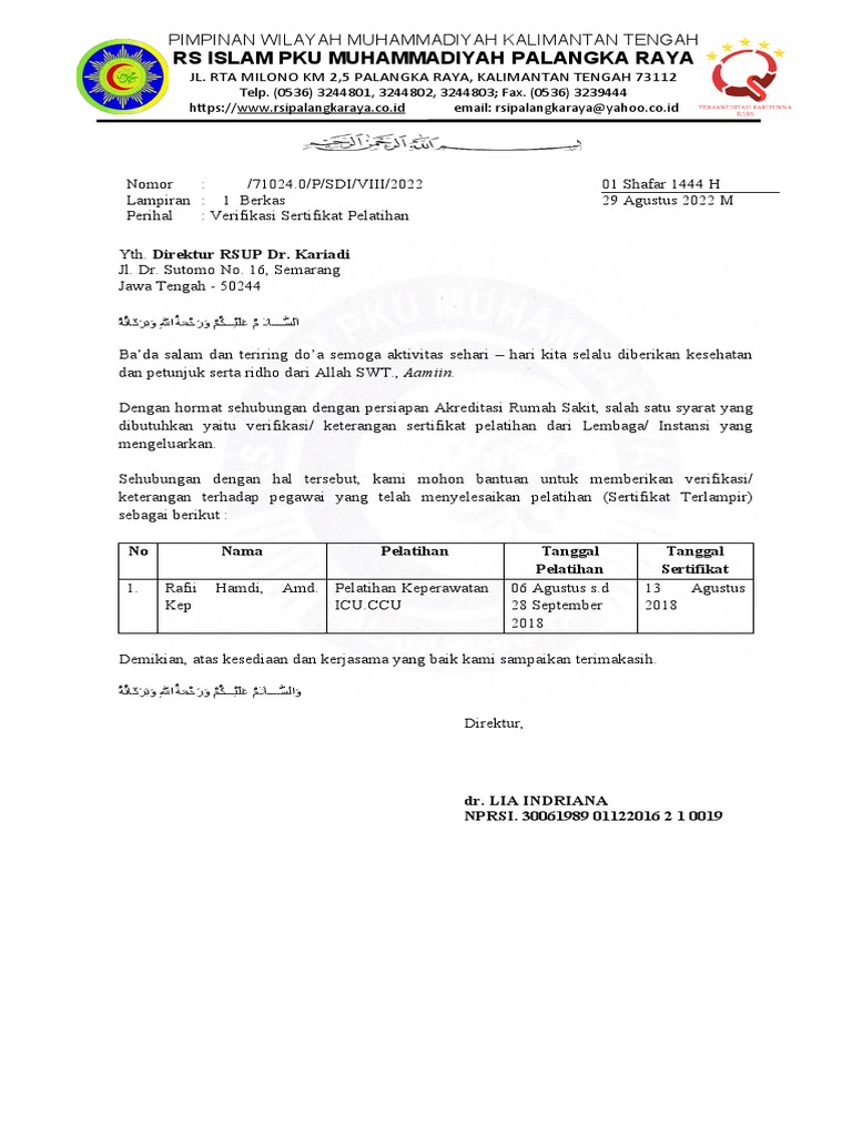 Surat Verifikasi Sertifikat Pelatihan | PDF