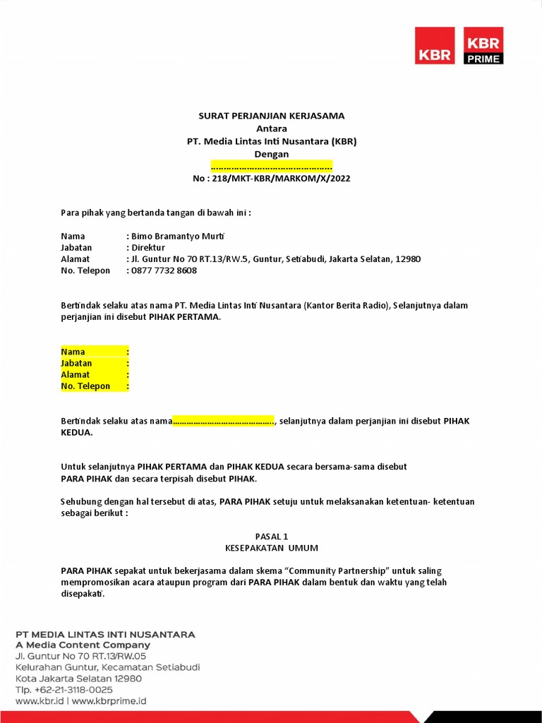 Draft SPK Perjanjian Kerjasama KBR & Festival Pasar Musik Aaaaa | PDF