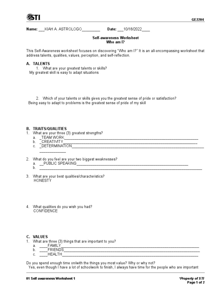 Self-Awareness and Talents Worksheet | PDF | Self Awareness | Cognition