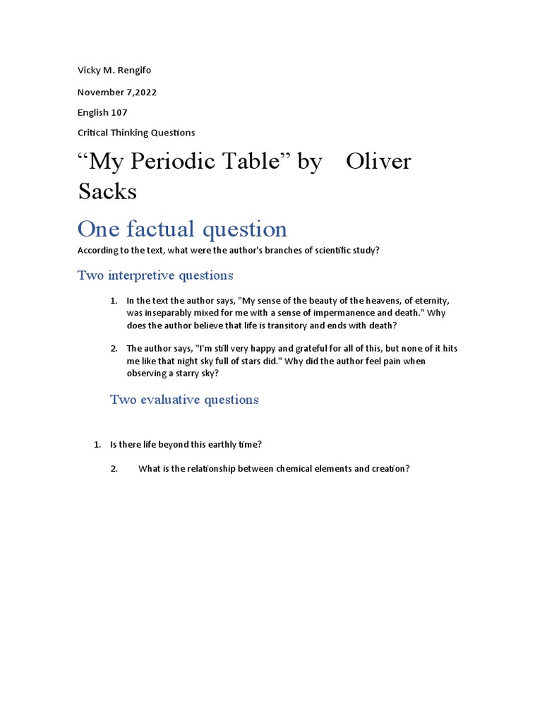 Critical Thinking Questions about Oliver Sacks' Reflections on the ...