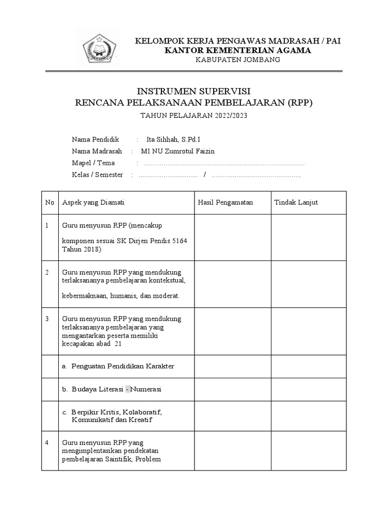 MI Instrumen Supervisi RPP | PDF | Karier & Perkembangan