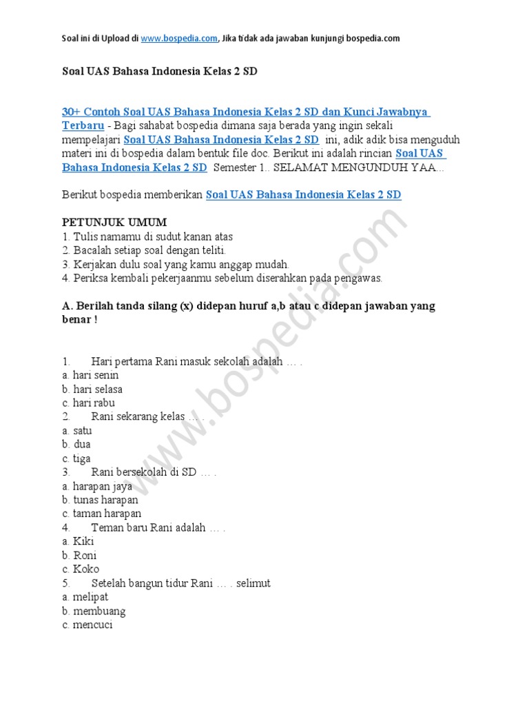 30+ Contoh Soal UAS Bahasa Indonesia Kelas 2 SD Dan Kunci Jawabnya | PDF