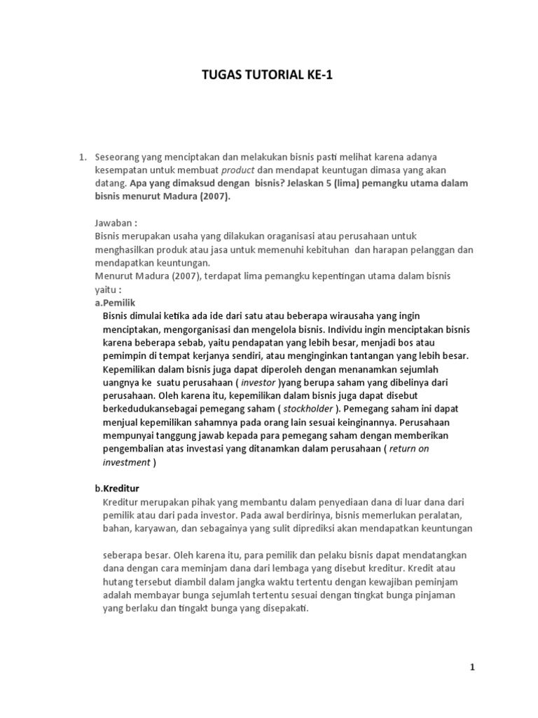 Tugas Tutorial 1 - Pengantar Bisnis - Jawaban | PDF