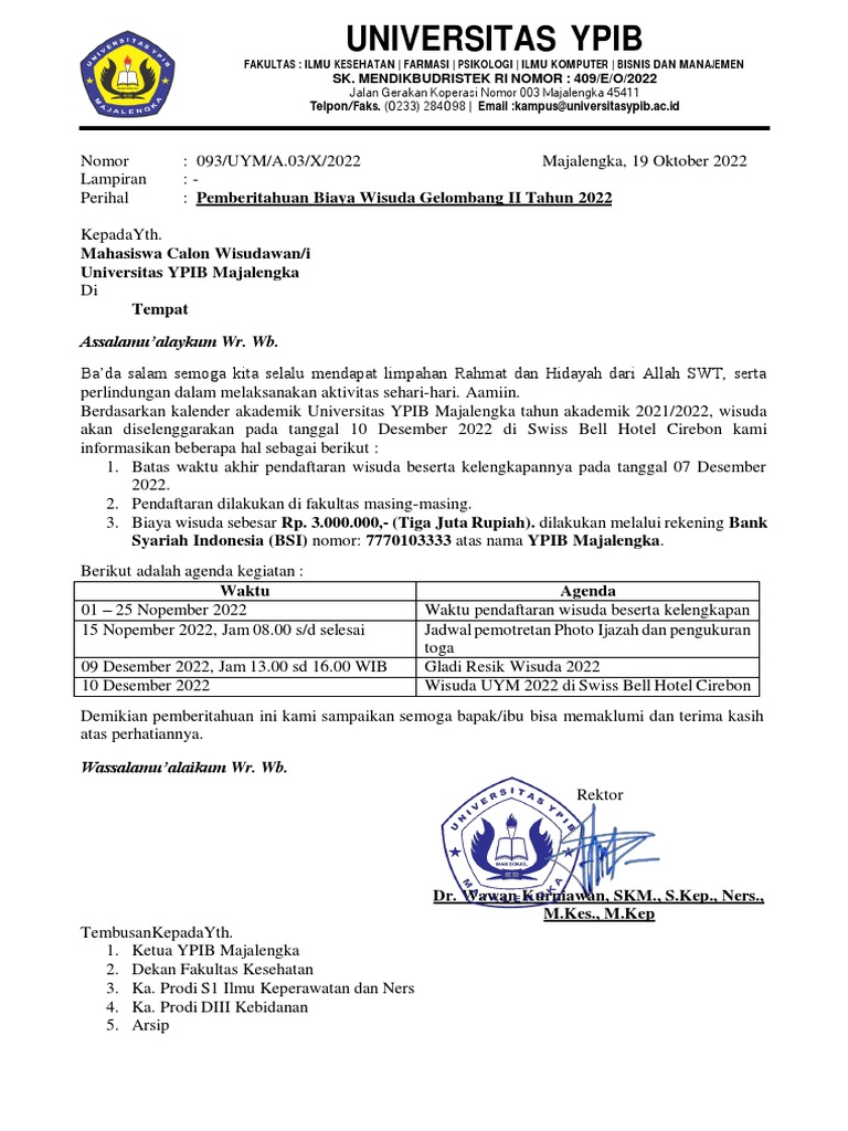 Surat Pemberitahuan BIAYA WISUDA GELOMBANG II TA 2021-2022 | PDF