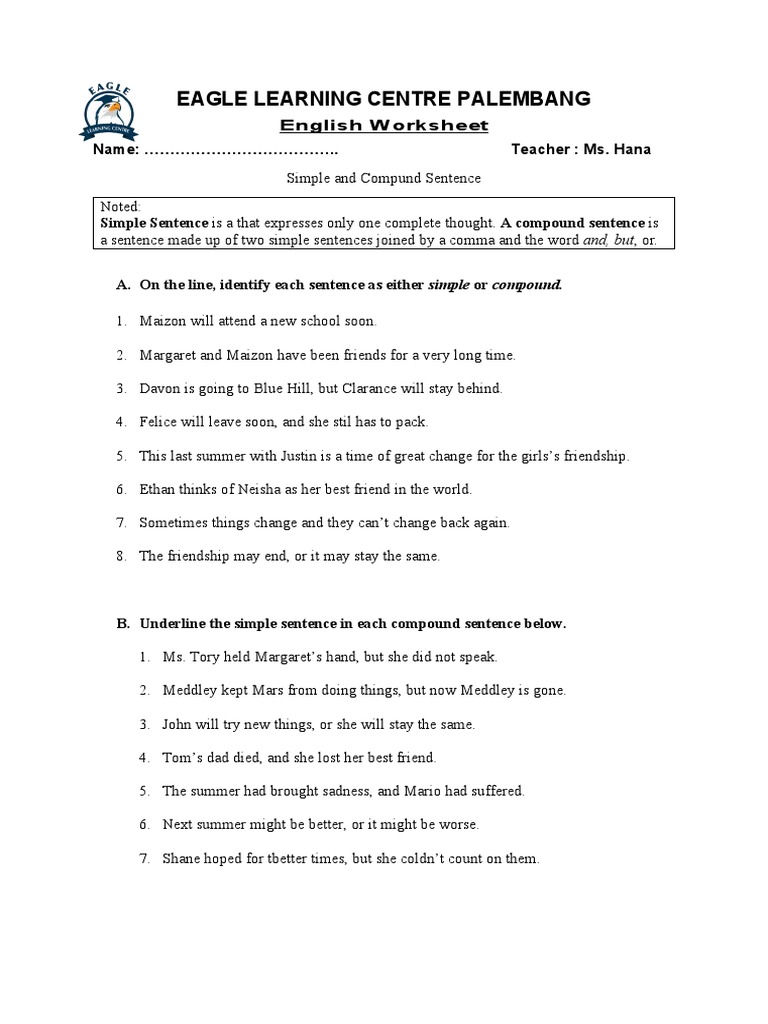 Simple and Compound Sentences Worksheet | PDF | Language Arts ...