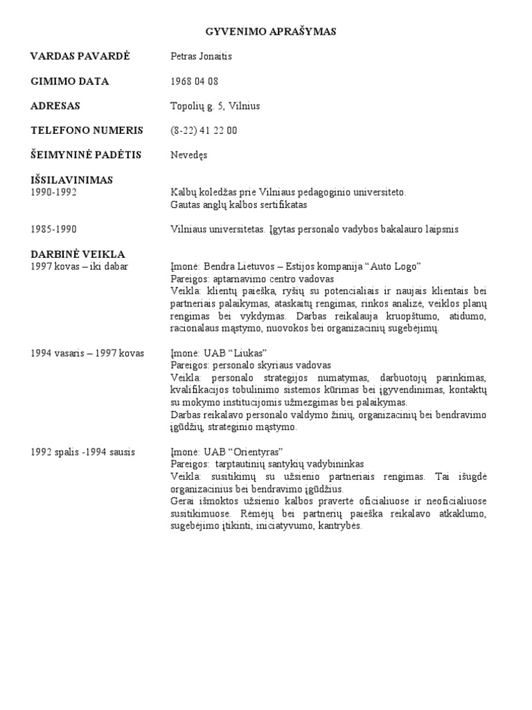 CV Pavyzdys | PDF