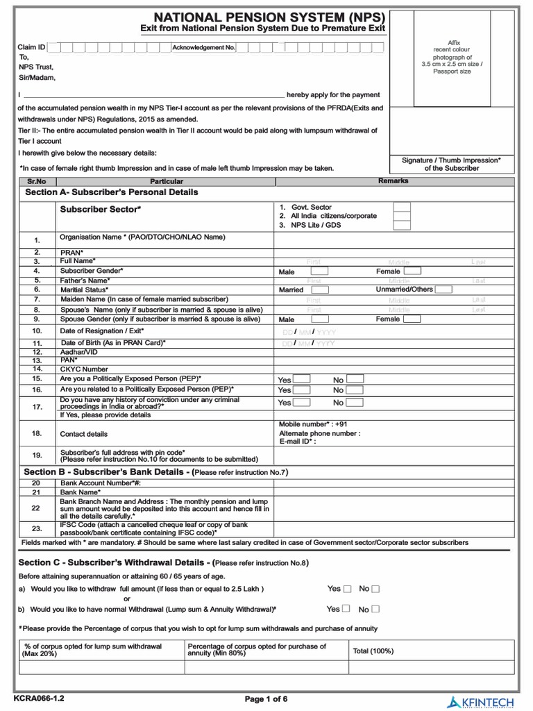 NPS Premature Exit Application Form | PDF | Life Annuity | Financial ...