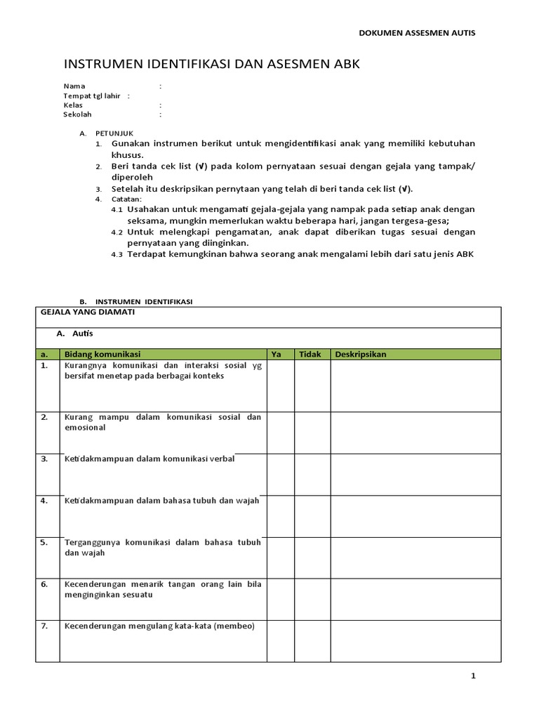 Instrumen Identifikasi Dan Asesmen Abk Autis | PDF
