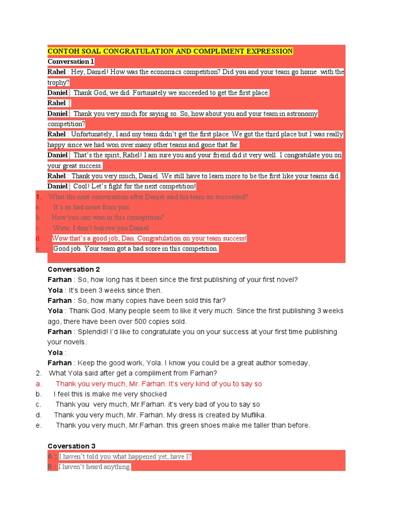 Contoh Soal Congratulation and Compliment Expression | PDF | Career & Growth