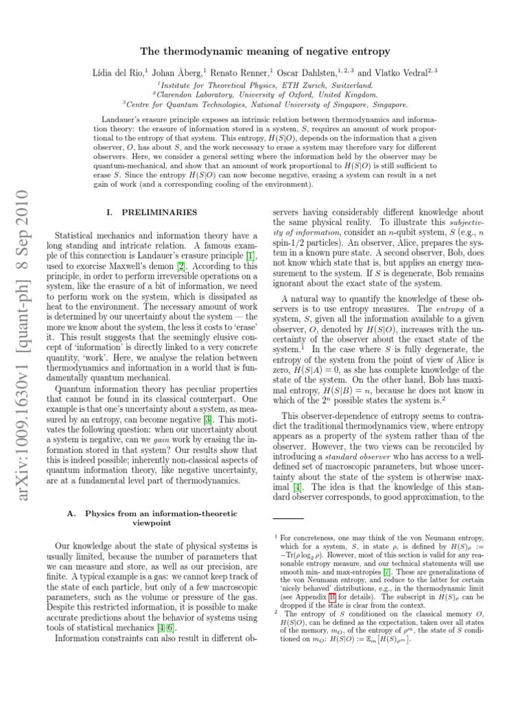The Thermodynamic Meaning of Negative Entropy | PDF | Entropy | Quantum ...