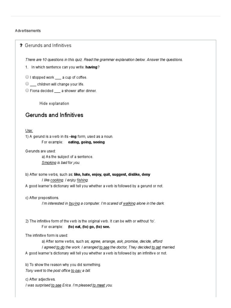 A2 Grammar - Gerunds and Infinitives | PDF | Verb | Morphology