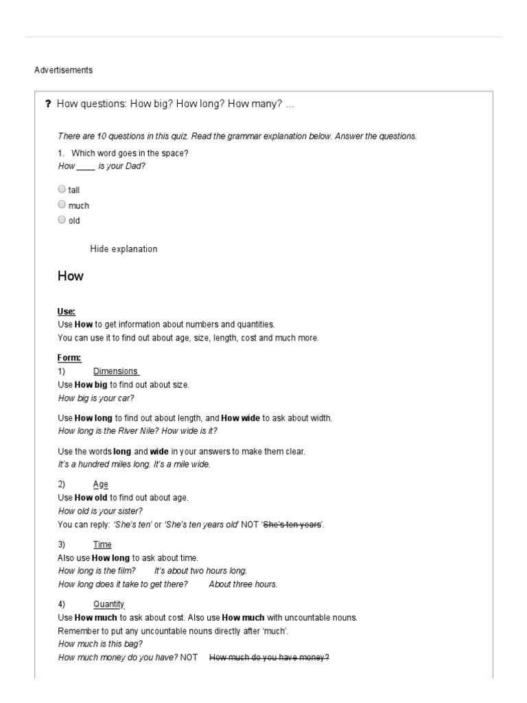 A2 Grammar - How Questions - How Big - How Long - How Many - How Old ...