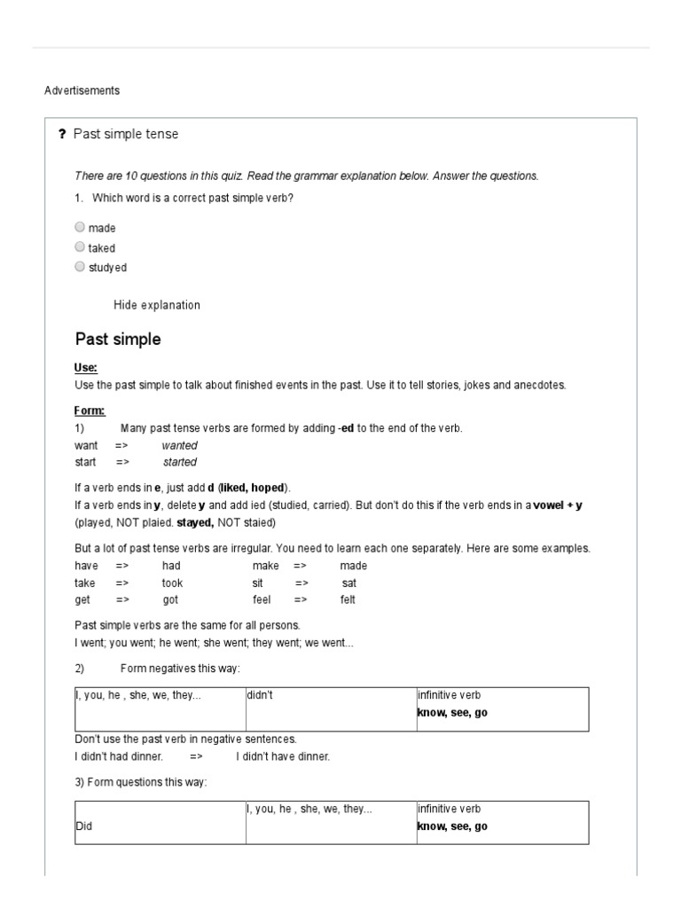 A2 Grammar - Past Simple Tense | PDF | Verb | Language Families