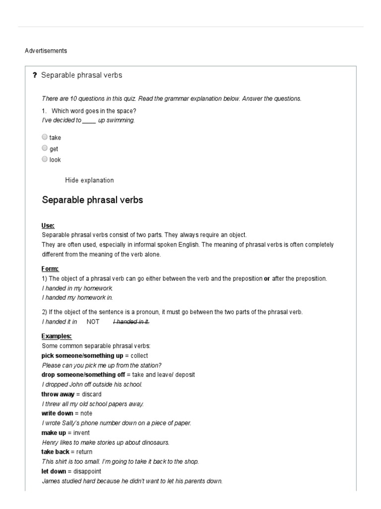 A2 Grammar - Separable Phrasal Verbs | PDF | Verb | Linguistics