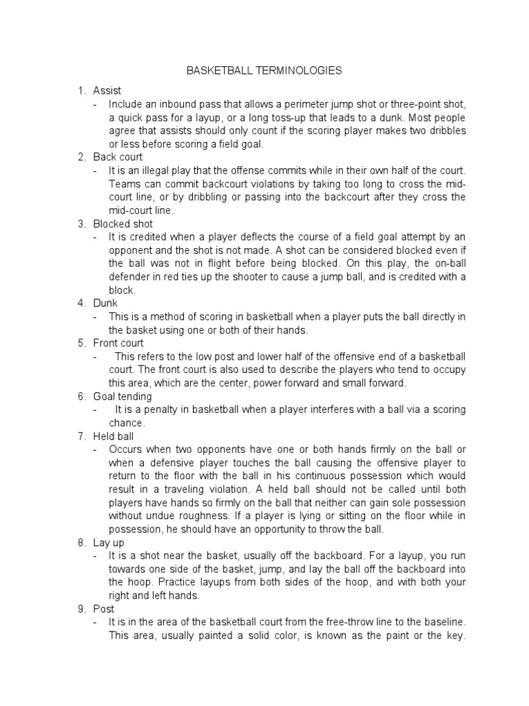Basketball Terminologies | PDF | Basketball Positions | Ball Games