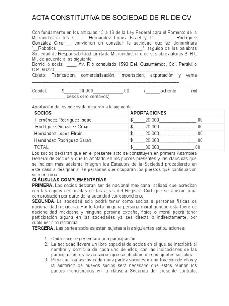 Acta Constitutiva de Sociedad de RL de CV | PDF | Sociedad de responsabilidad limitada