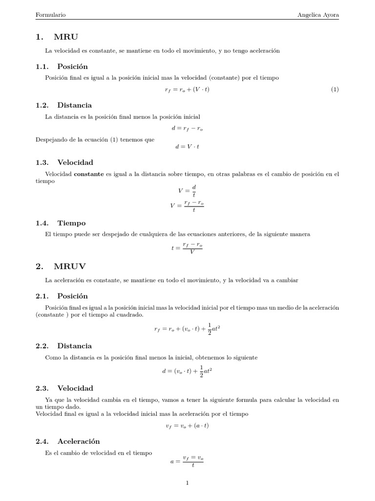 Formulario MRU y MRUV | PDF | Velocidad | Cambio