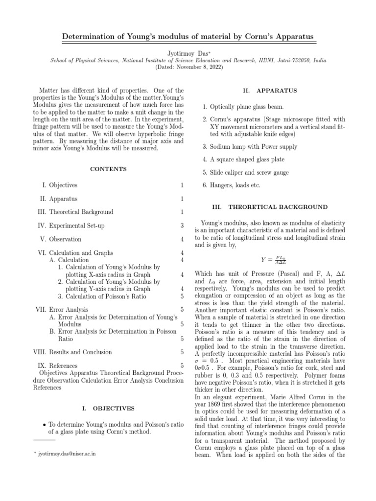 Determining Material Properties through Optical Analysis: Using Cornu's Method to Find the Young ...