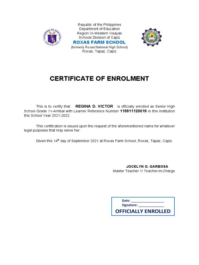 Officially Enrolled Certificate Request Philippines | PDF