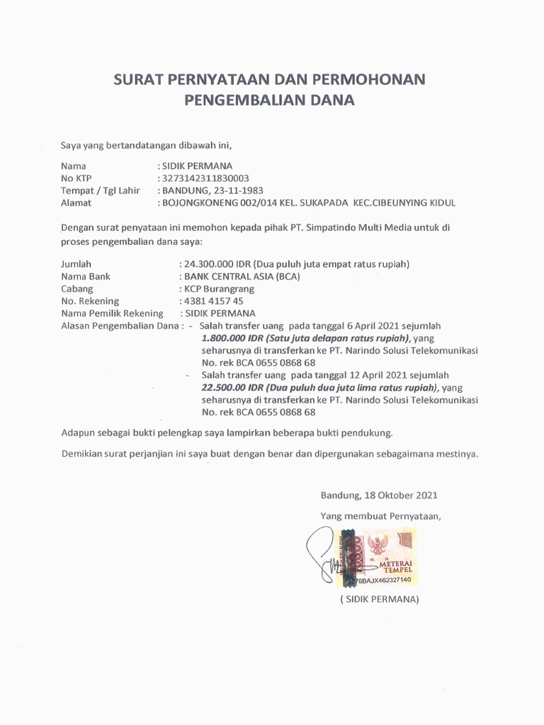 Surat Pernyataan & Permohonan Pengembalian Dana | PDF