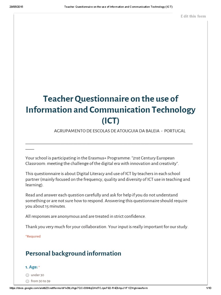 Teachers - Questionnaire On The Use of Ict | Download Free PDF ...