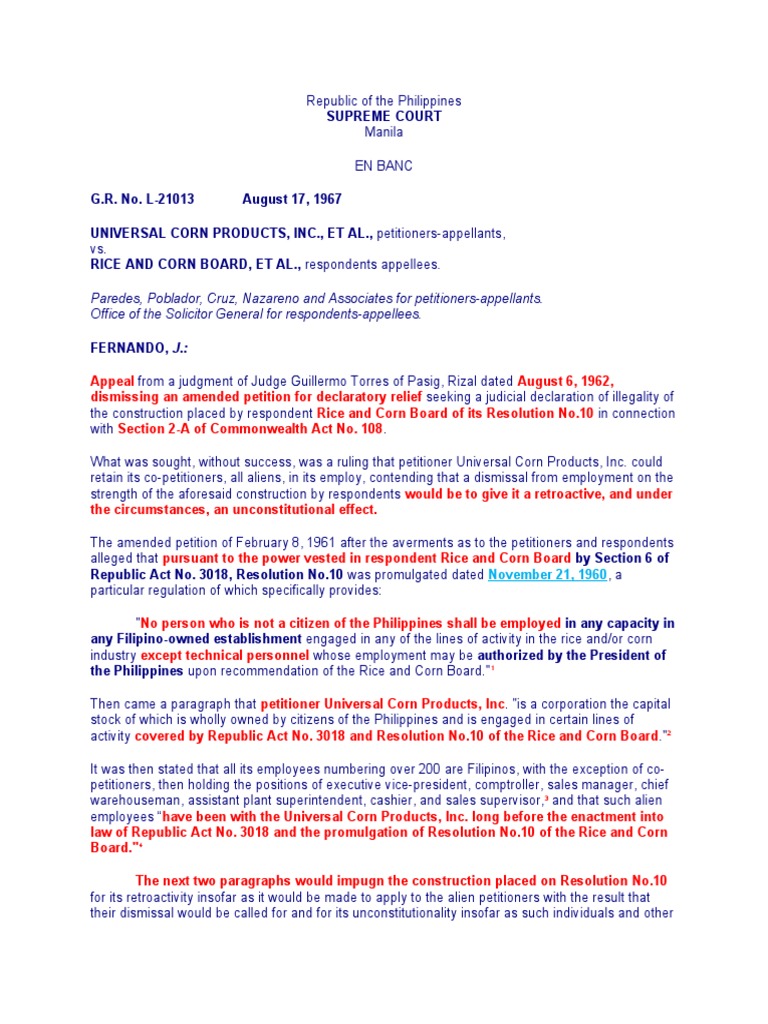 Universal Corn Products v. Rice and Corn Board, GR No. L-210013 | PDF | Ex Post Facto Law ...