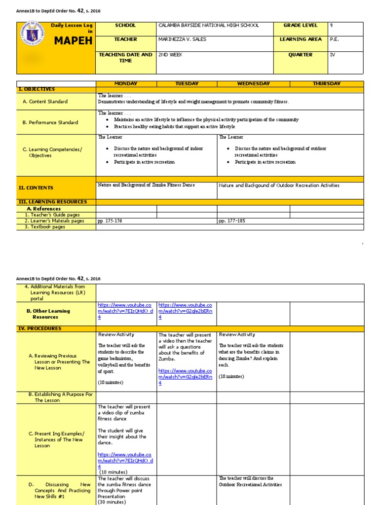Daily Lesson Log for PE Class on Indoor and Outdoor Recreation ...